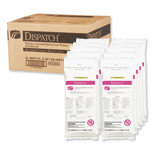 Dispatch Cleaner Disinfectant Towels With Bleach, 9 X 10, 60/pack, 12 ...